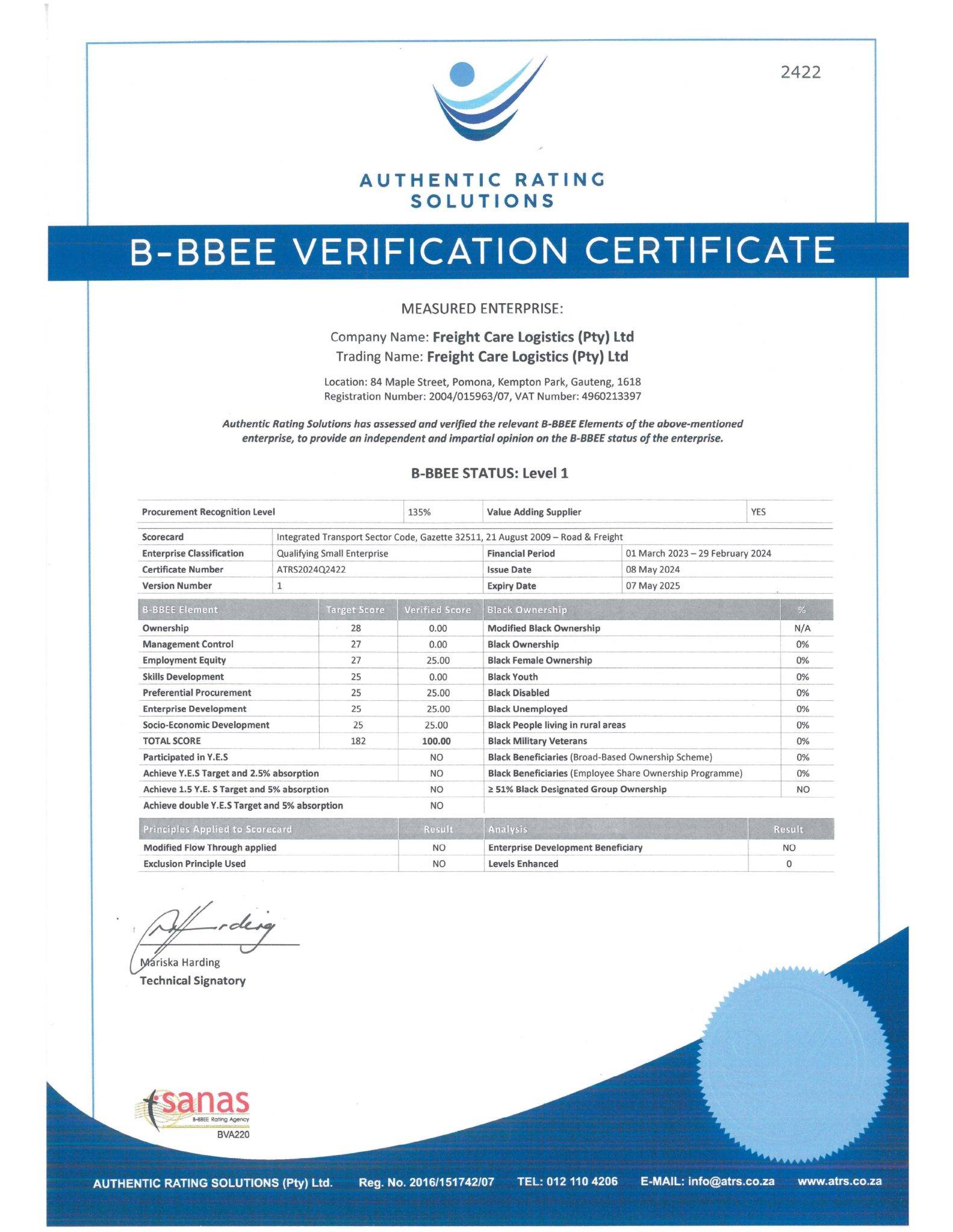 BEE Certificate - MyFCL